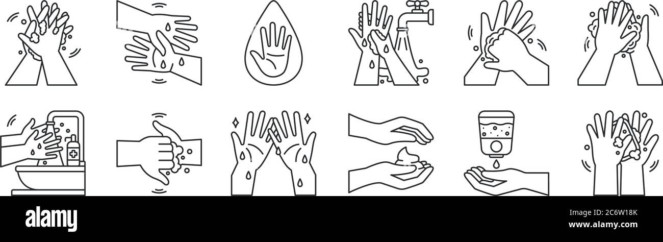 set of 12 thin outline icons such as hand washing, hand sanitizer, hand ...