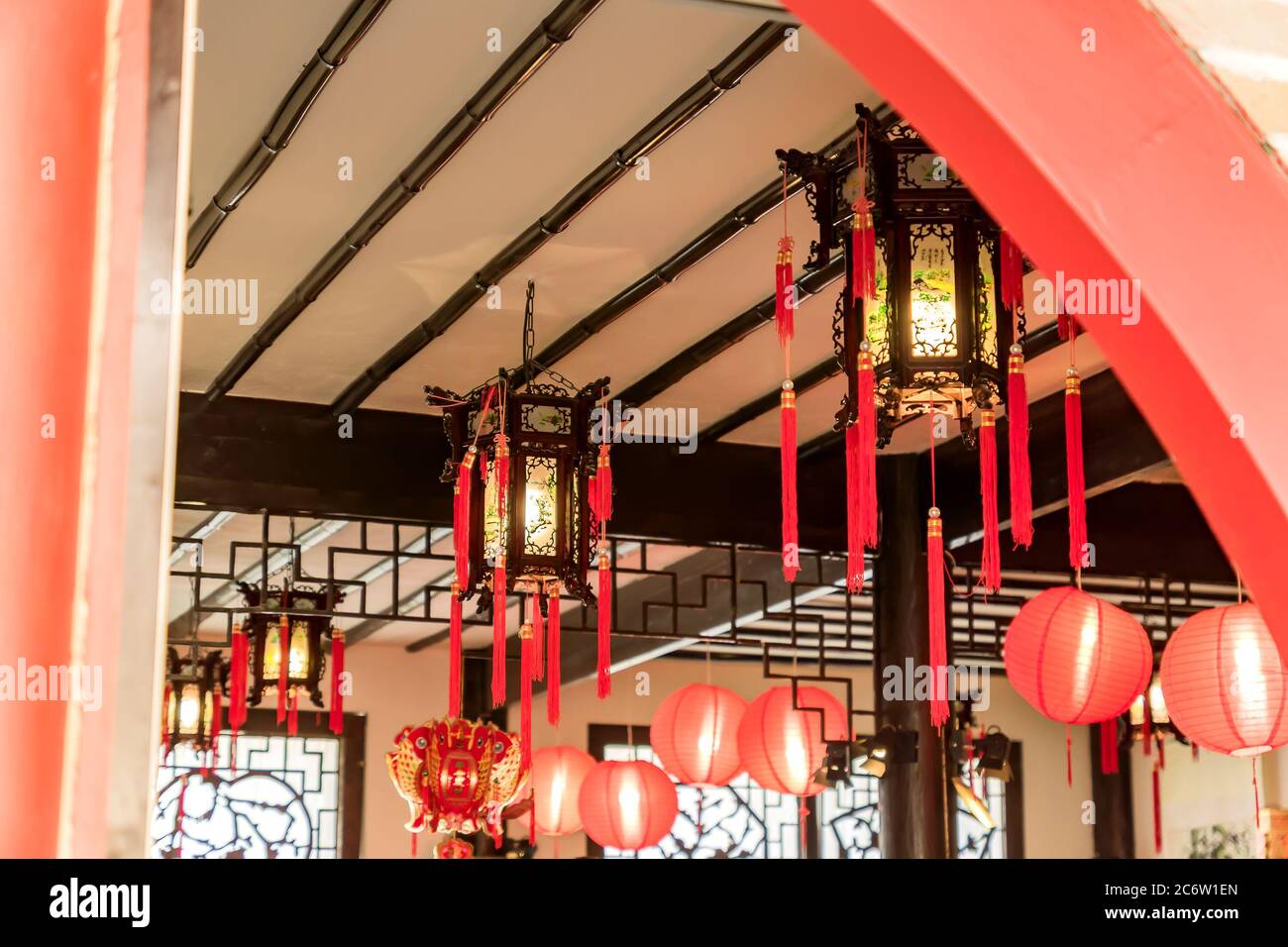 traditional Chinese Style Interior decoration. Lanterns on the ceiling ...