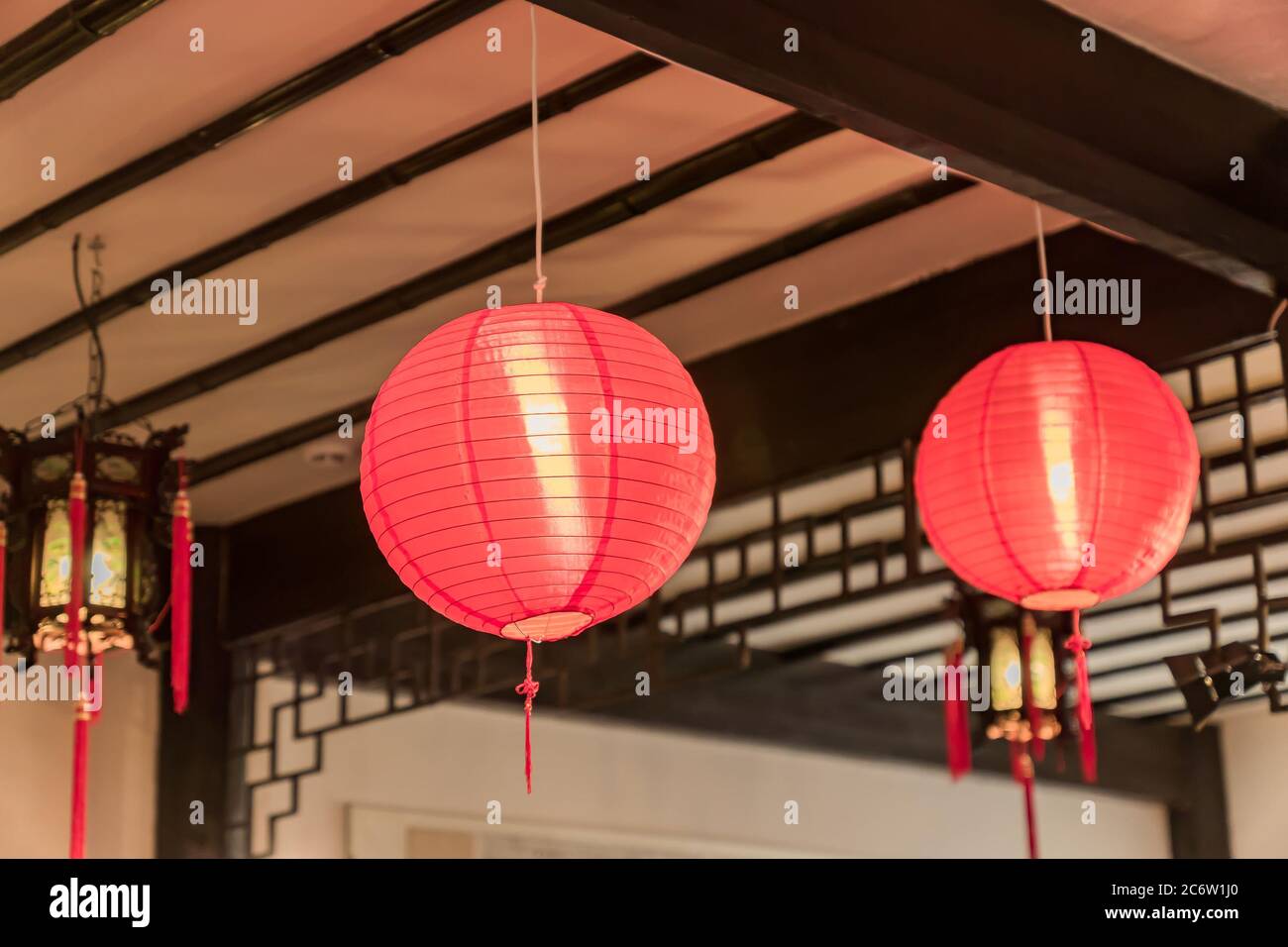 traditional Chinese Style Interior decoration. Lanterns on the ceiling ...
