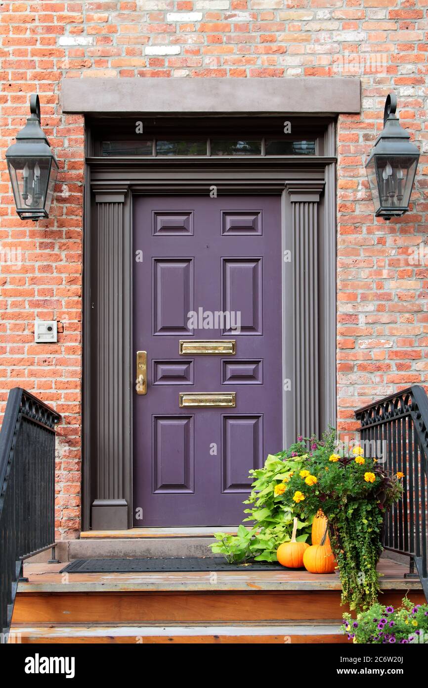 Violet vintage entry door decorated with columns and molding. New York ...