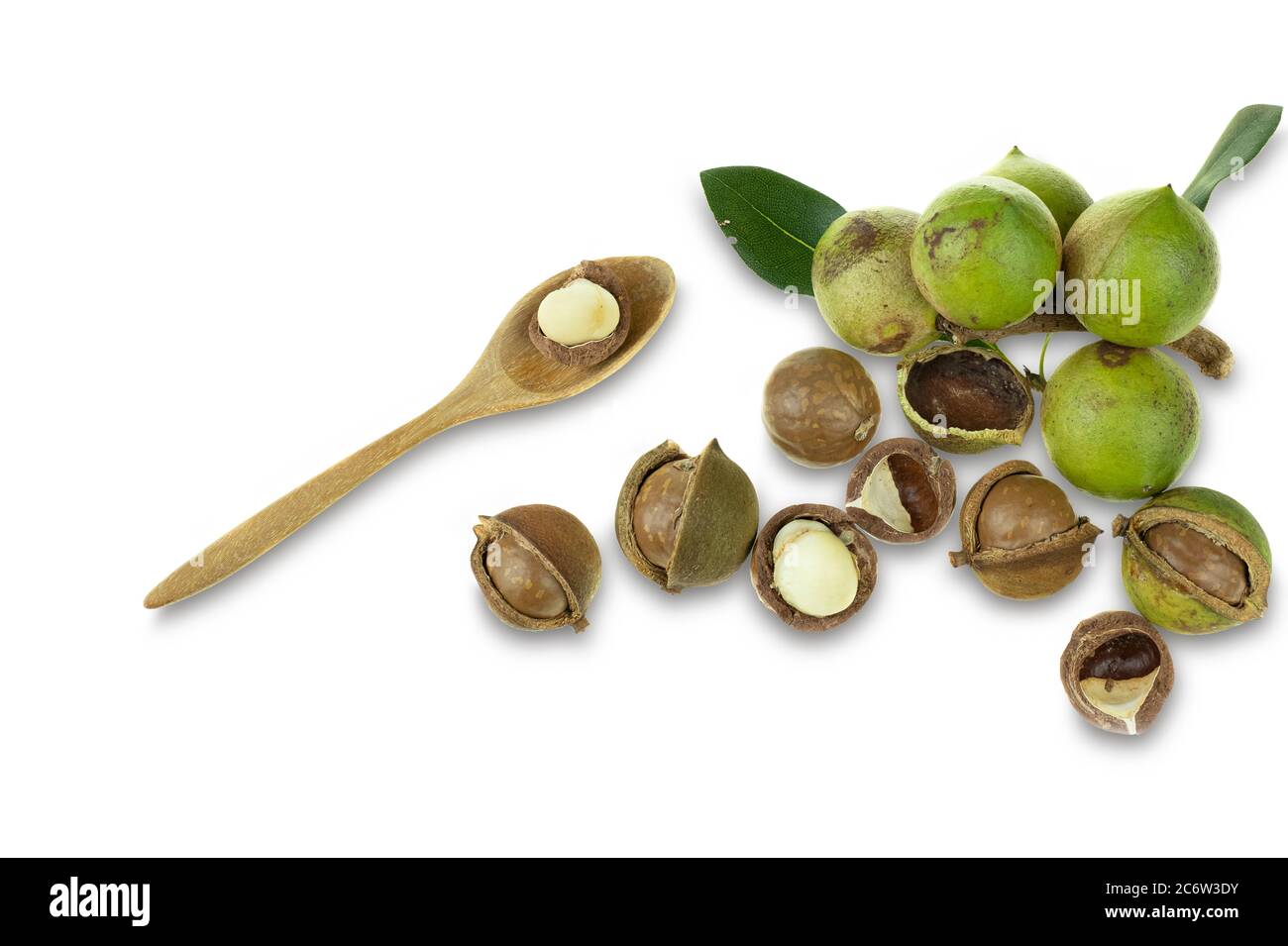 Group of peeled and unpeeled macadamia nuts in sack bag at white ...