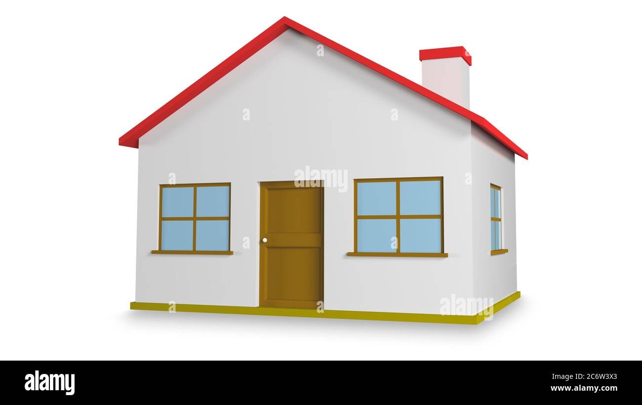 Three-dimensional illustration of a simple house. White house with ...