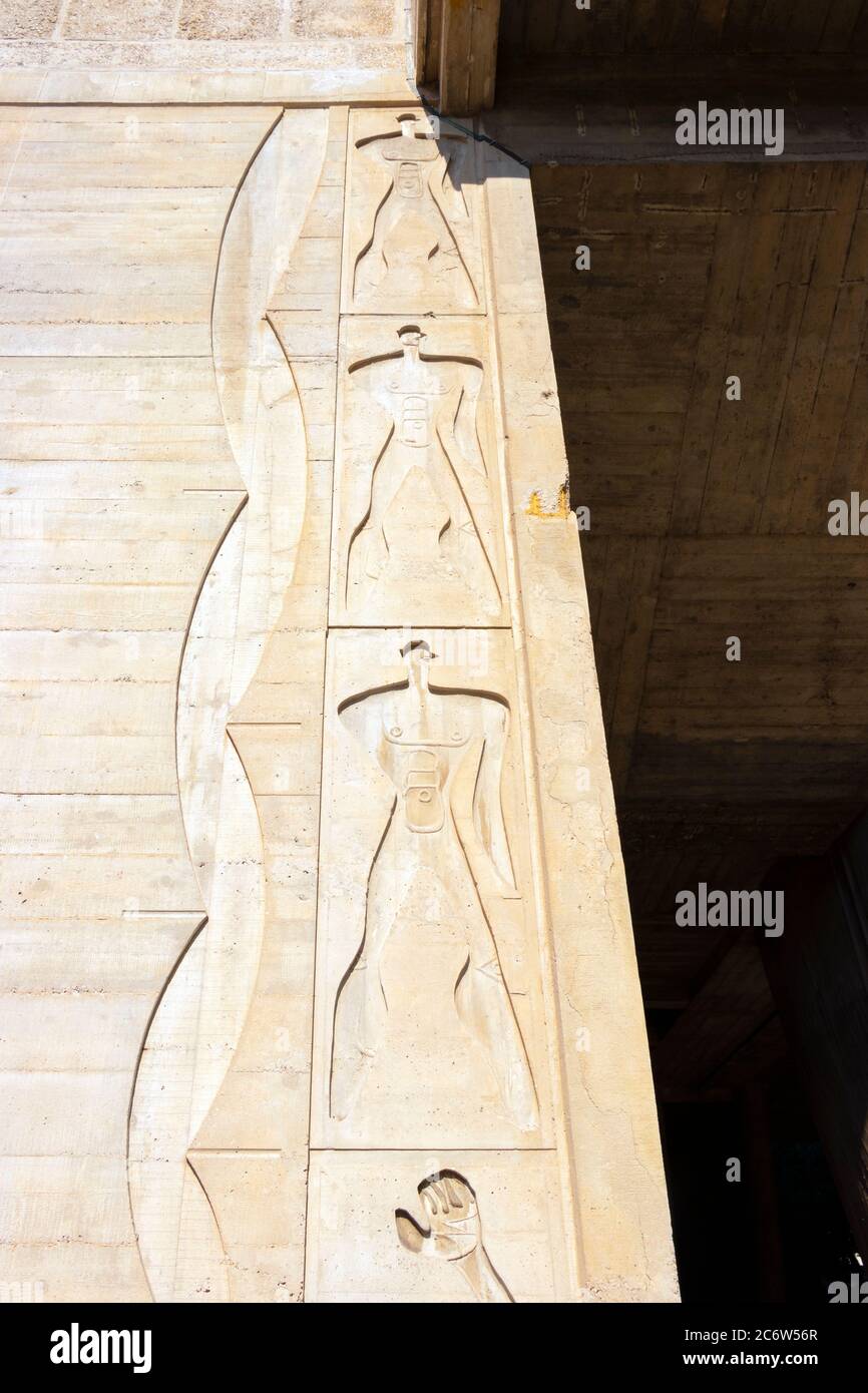 detail of concrete gliph of Modulor Man at Unité d'habitation Cite ...