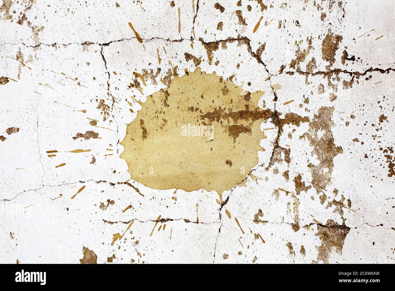 Old distressed white cracked cement concrete wall background with brown ...