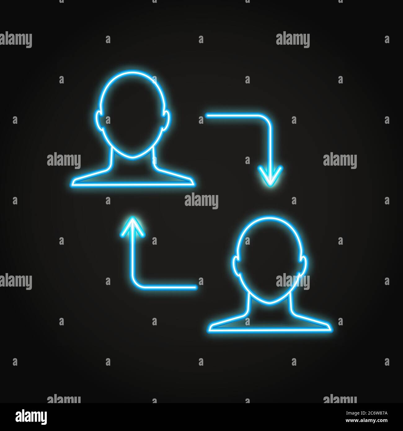 Peer to peer transaction icon in neon style. Person to person transfer ...