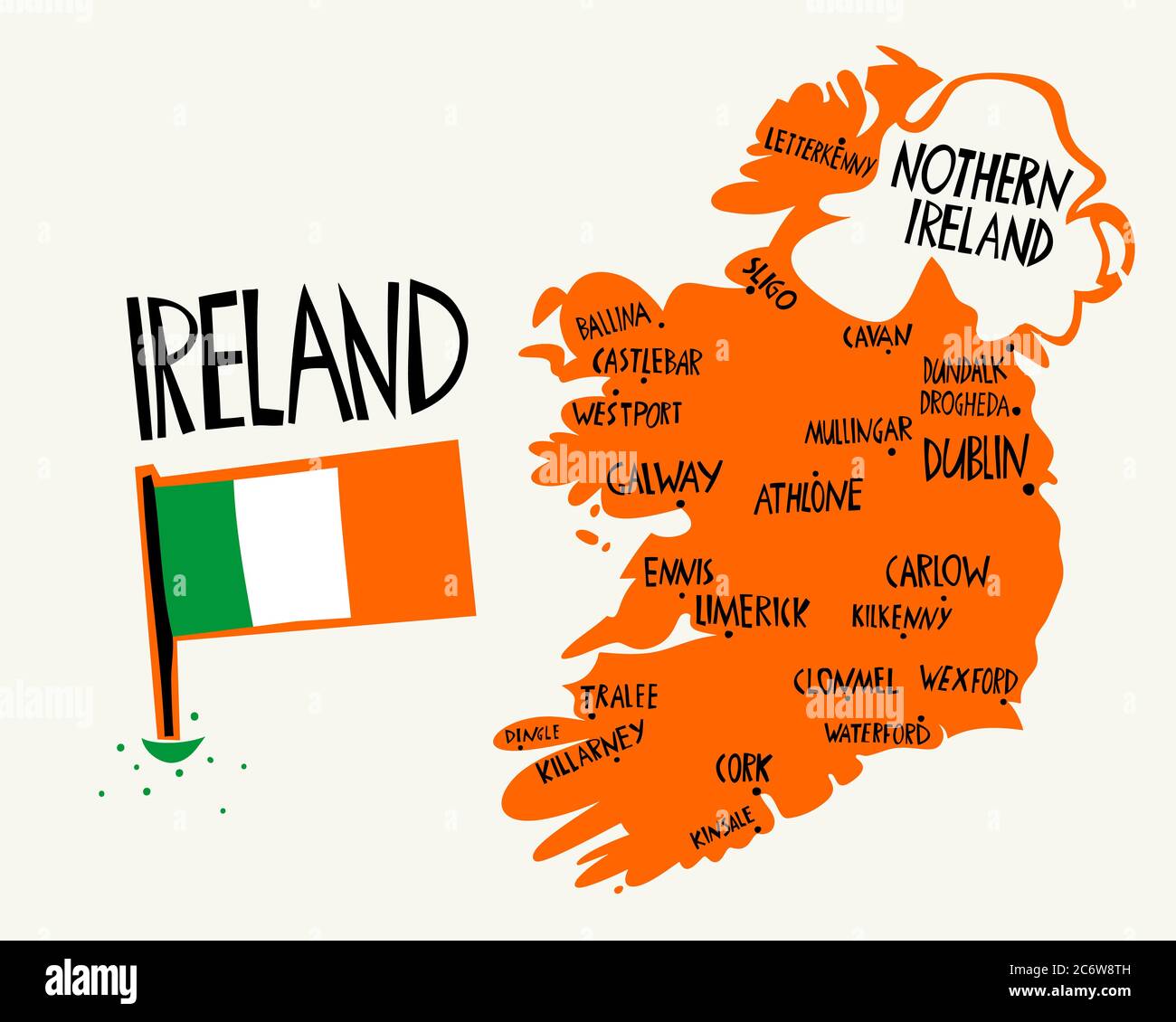 Vector hand drawn stylized map of Ireland. Travel illustration of ...