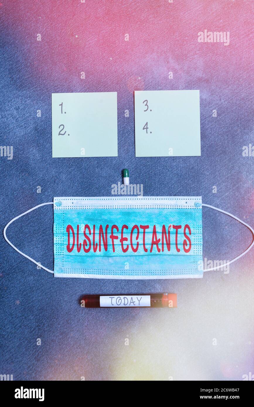 Conceptual hand writing showing Disinfectants. Concept meaning chemical ...