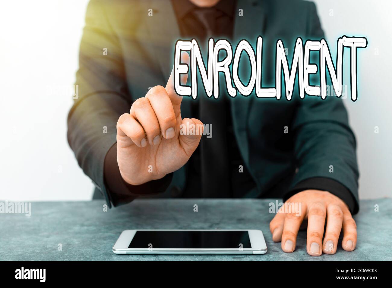 Text sign showing Enrolment. Business photo text the act of putting ...