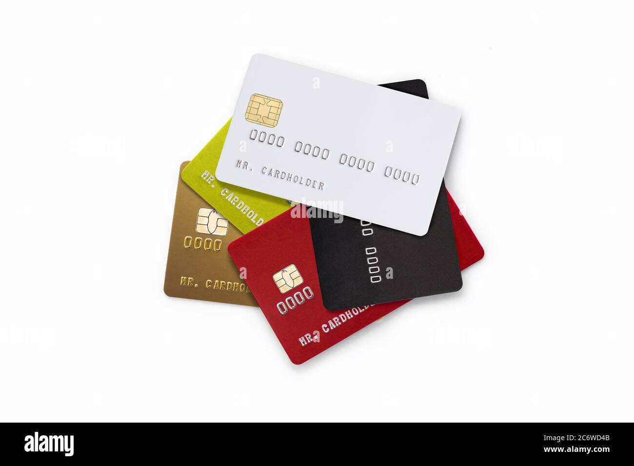 Pile of multicolored credit cards on white background Stock Photo - Alamy