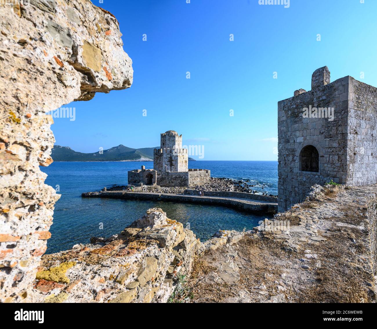 The Bourtzi tower seen from the walls of Methoni fortress Methoni ...
