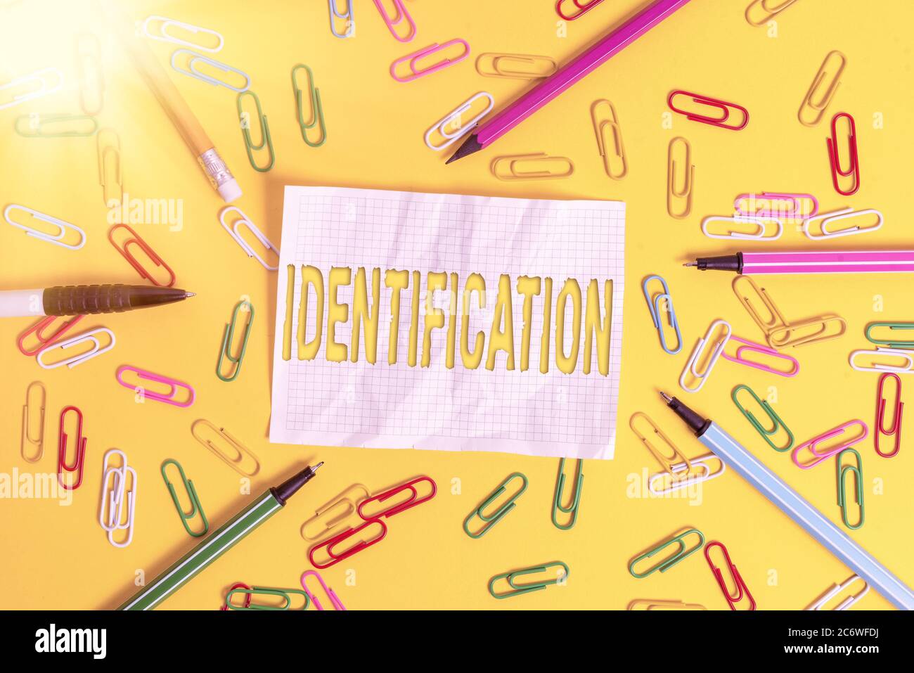Writing note showing Identification. Business concept for an action or ...