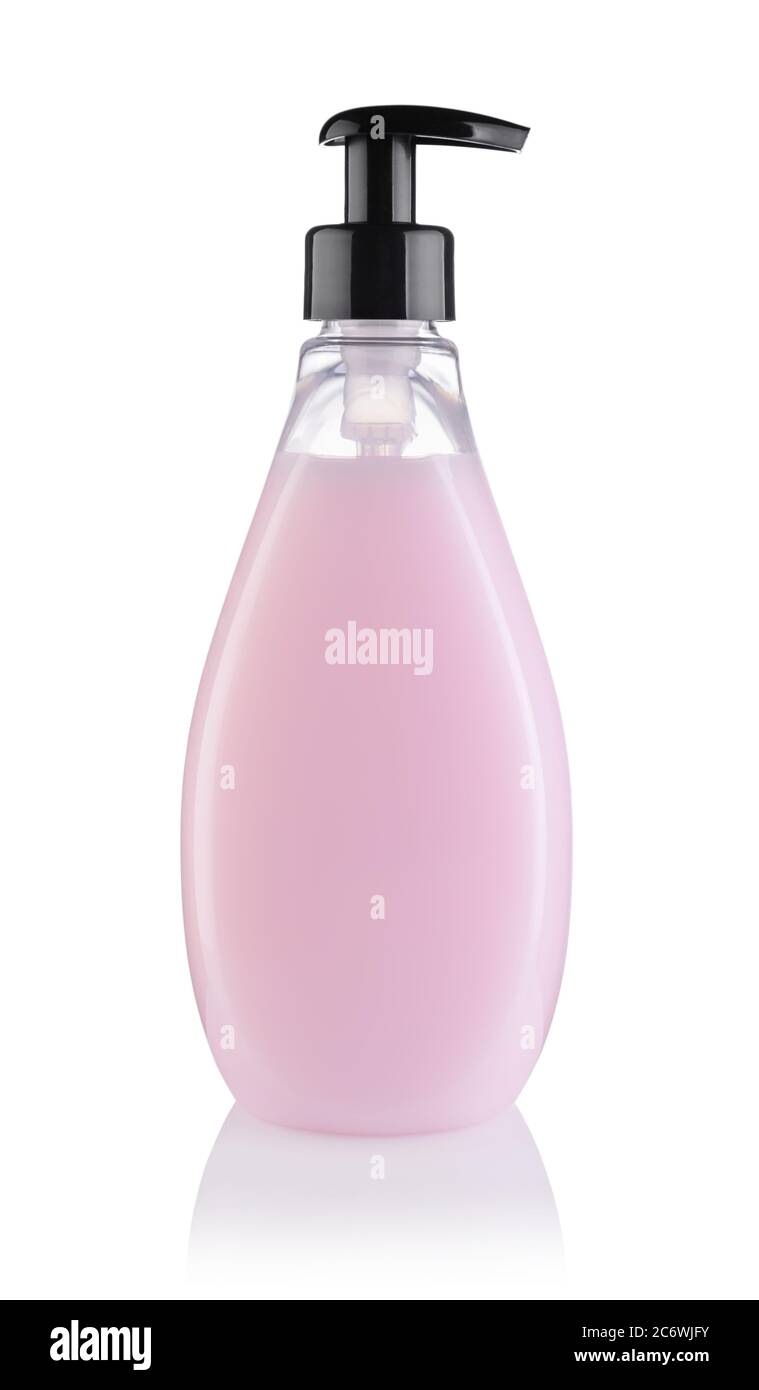 Plastic bottle of pink shower gel isolated on white. Front view Stock ...