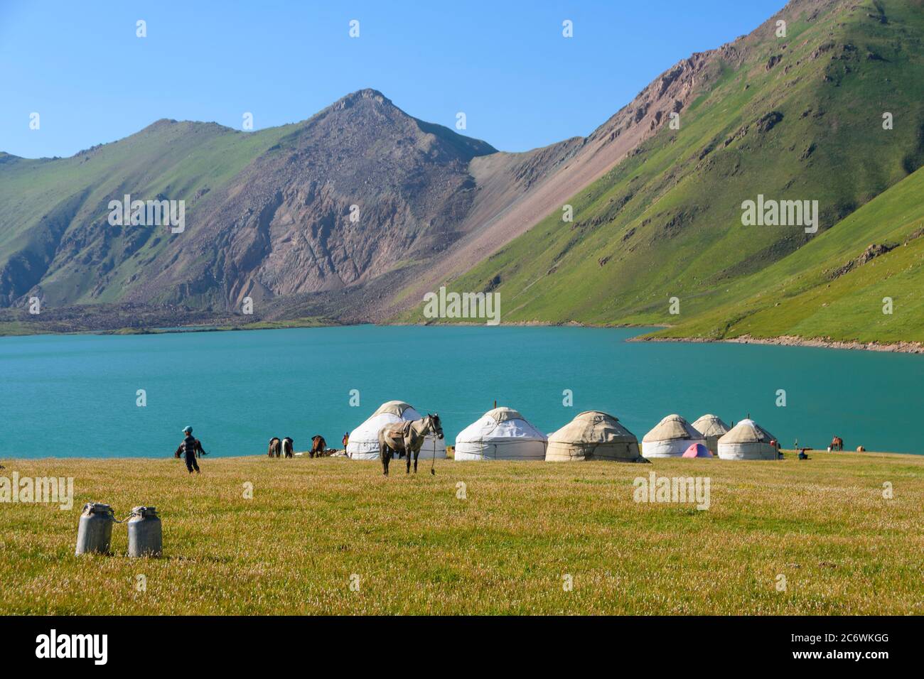 Yurts near a lake at the summer pastures of a nomadic family in ...