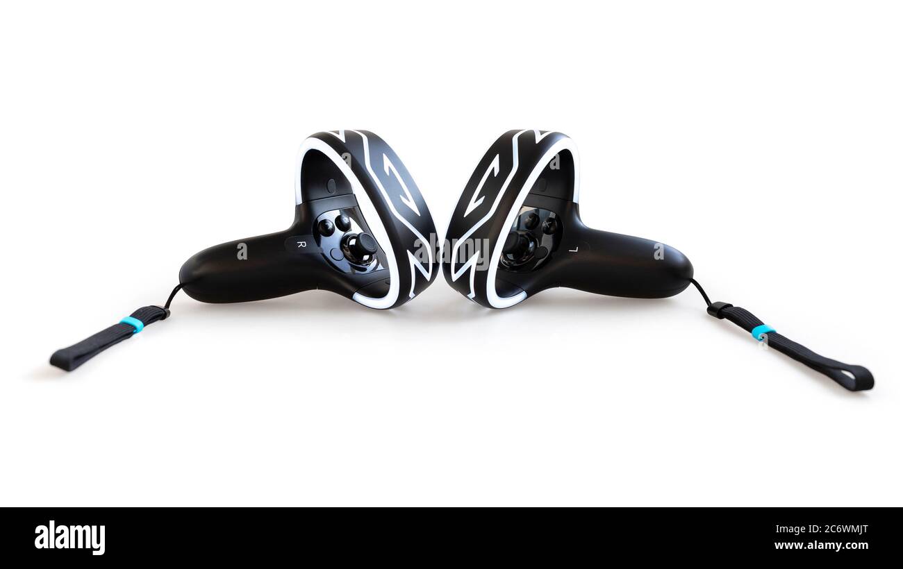 Virtual reality controllers with led light isolated on a white ...