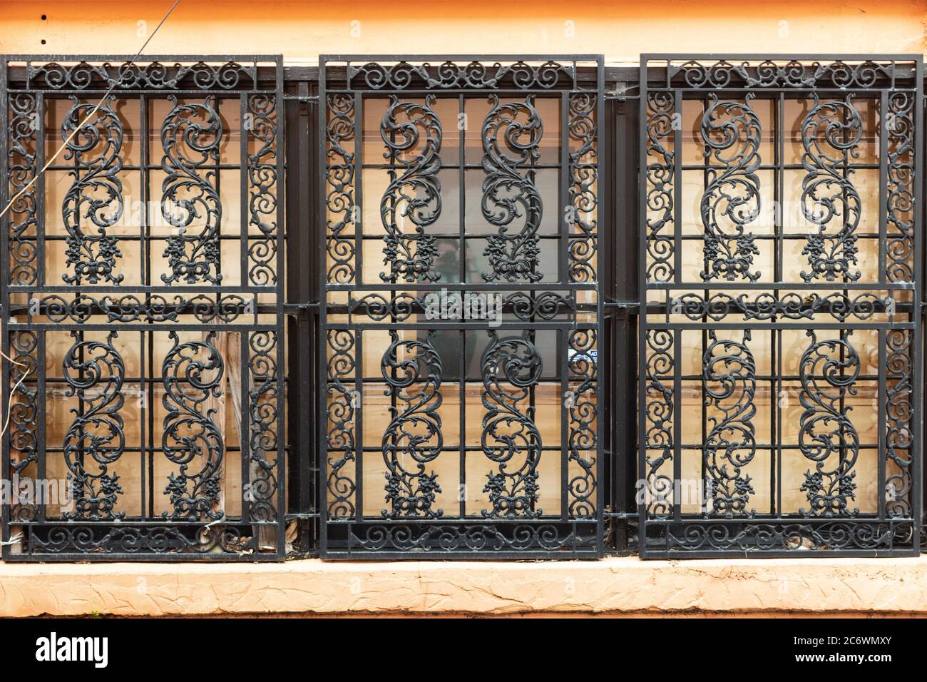 A wrought iron grating over a window shows charm in Asheville, NC, USA ...