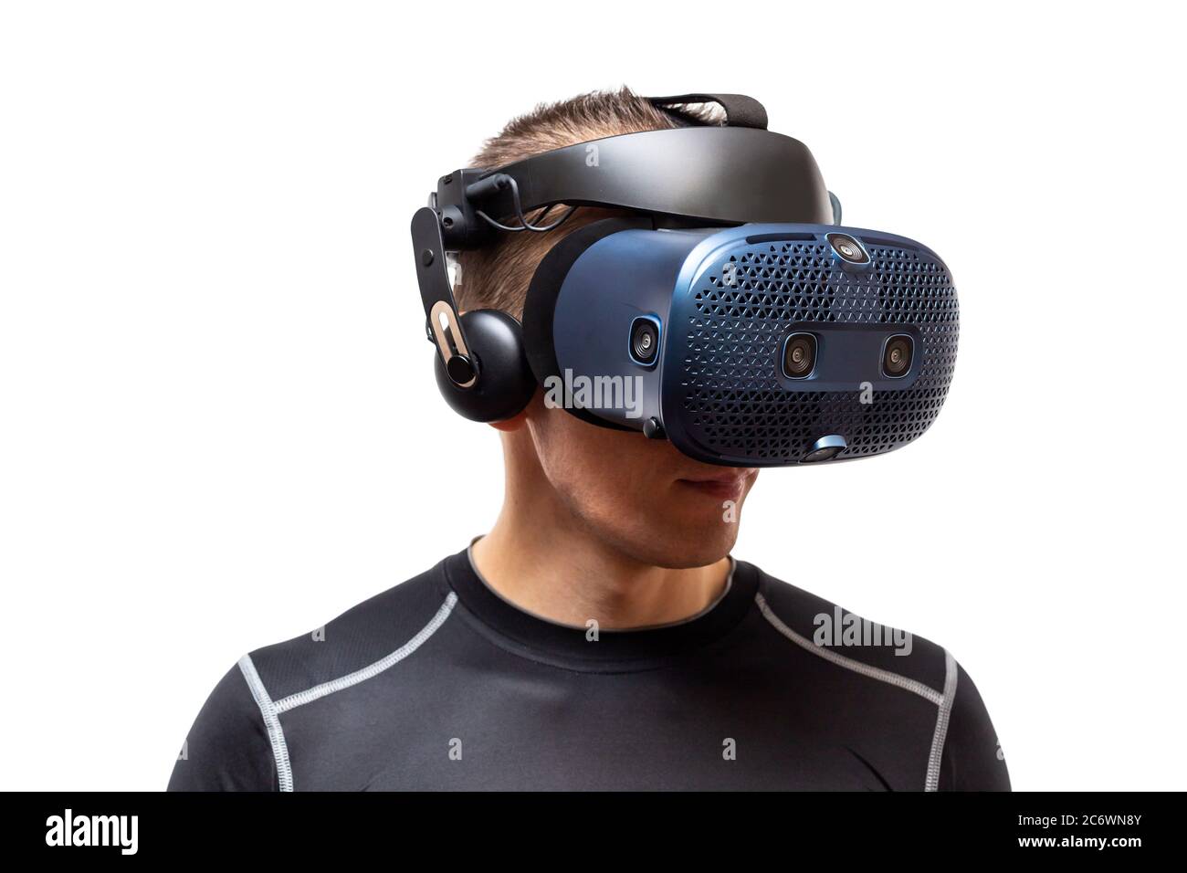 The smiling man with the virtual reality helmet, isolated on white background Stock Photo - Alamy