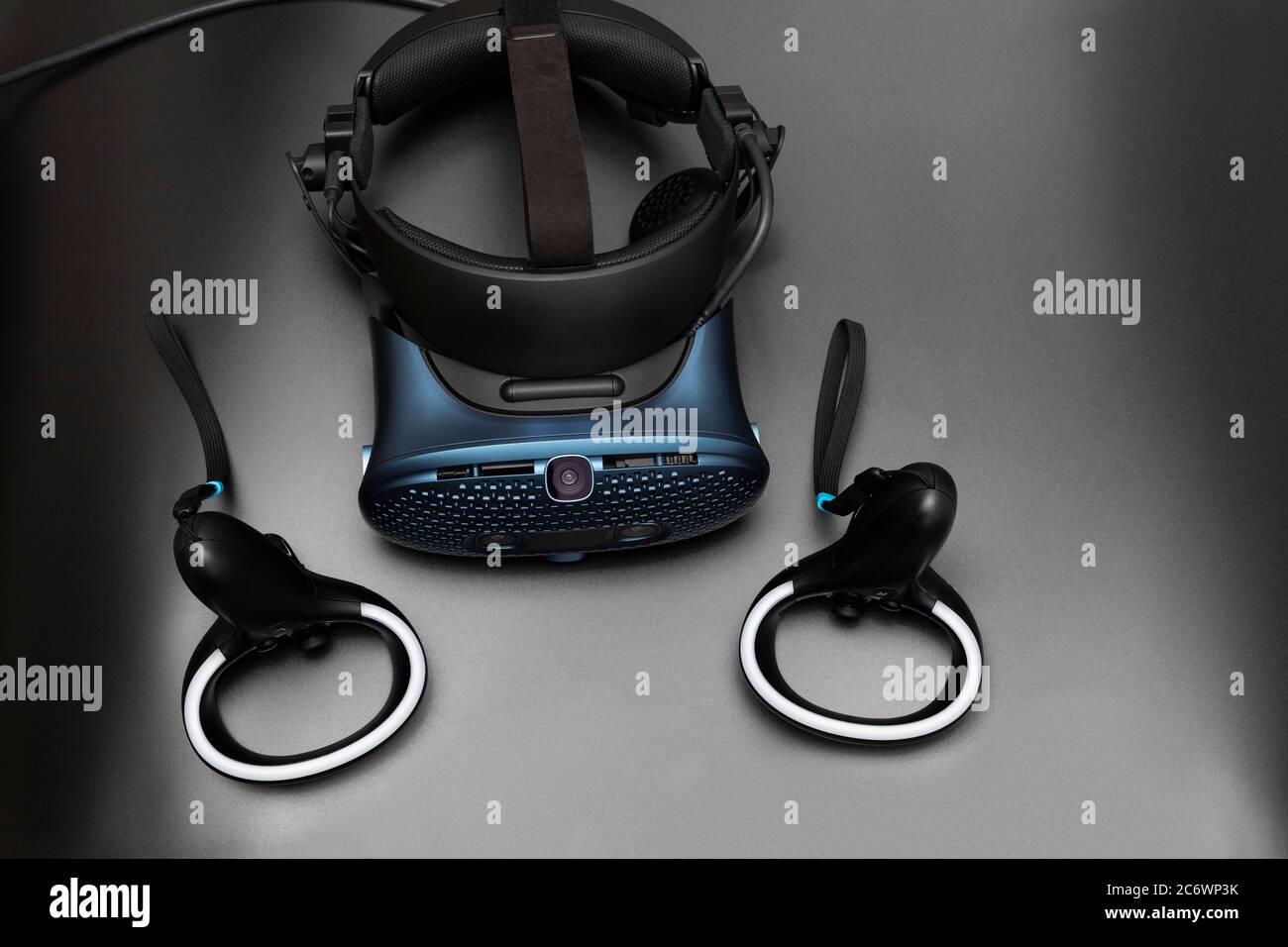 Virtual reality headset on black background, top view Stock Photo - Alamy