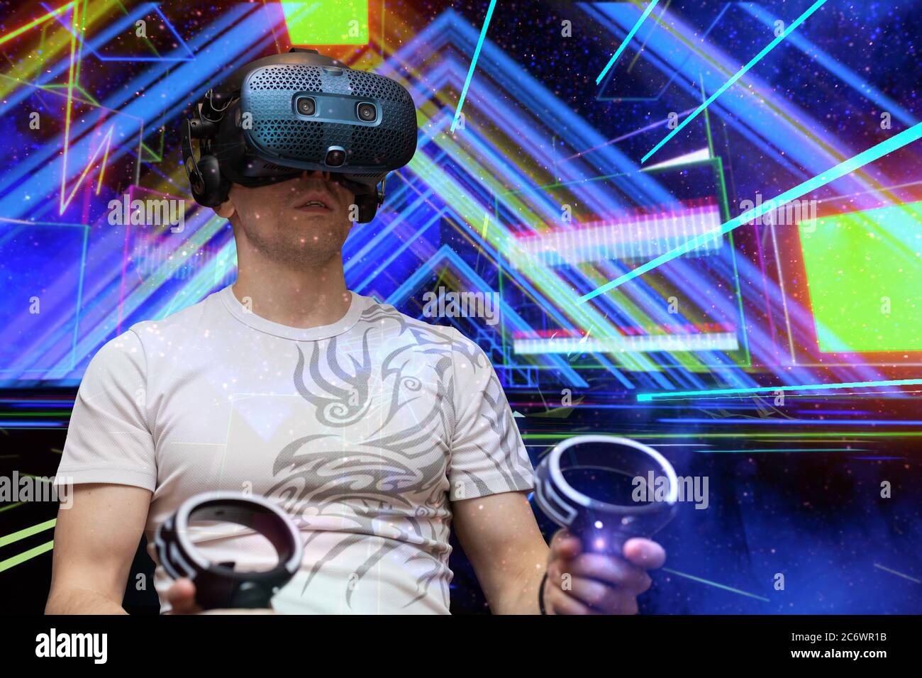 Shocked man in virtual reality Stock Photo - Alamy