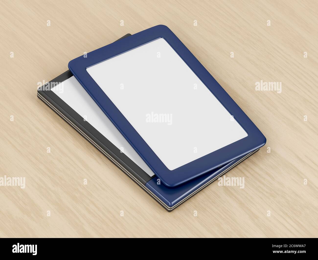 Two tablets or e-book readers with different designs and blank displays ...