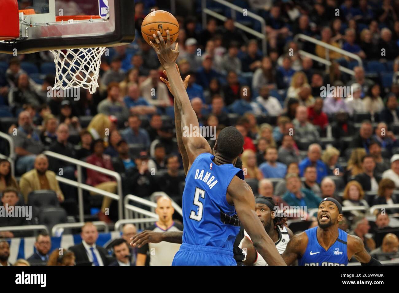 Orlando Magic player Mo Bamba #5 makes a block at the Amway Center in ...