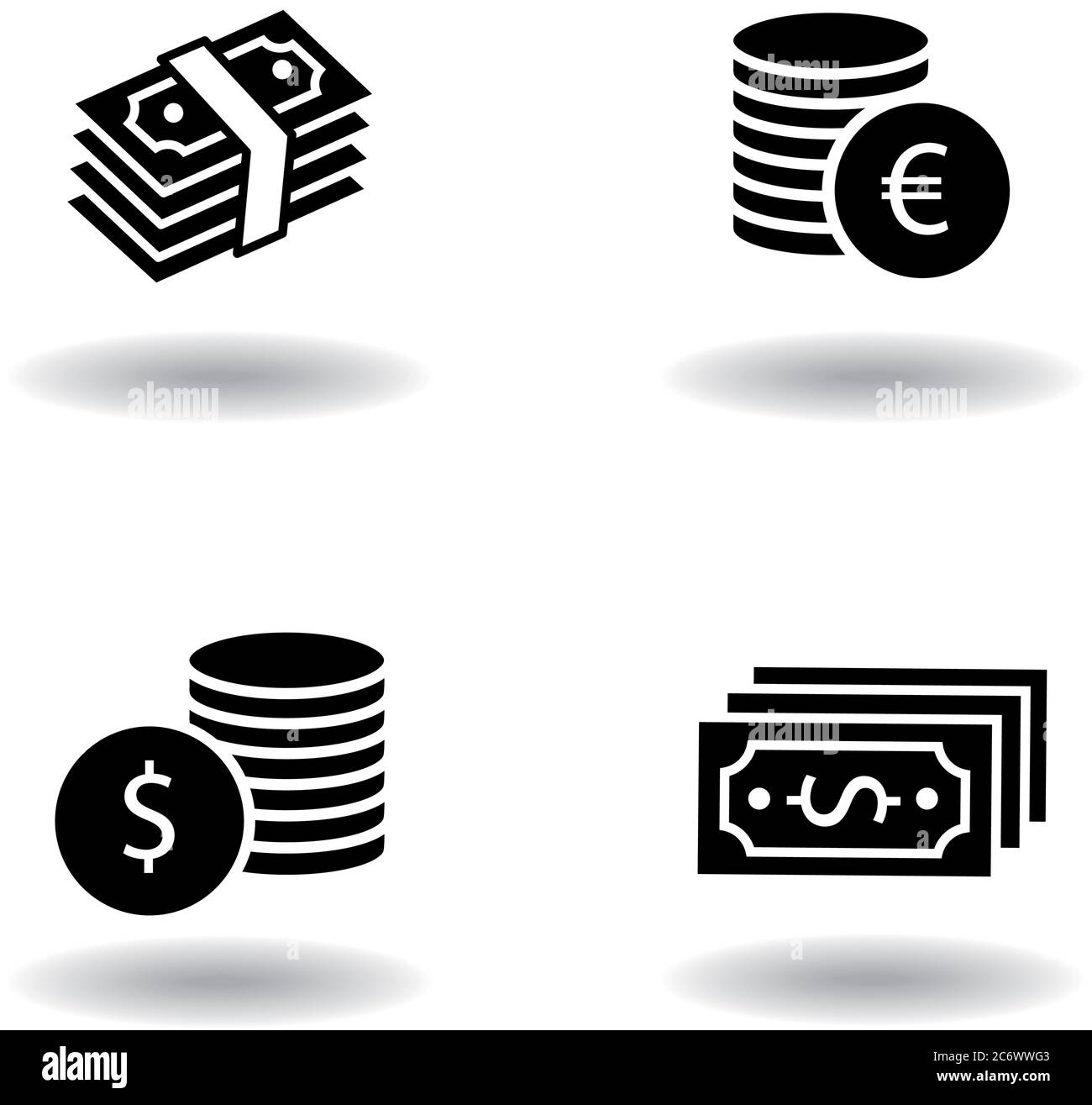 Cash paper money stack and dollar and euro coin black solid icon set ...