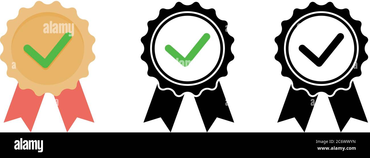 Set of color and black certified or approved quality medal icon with ...