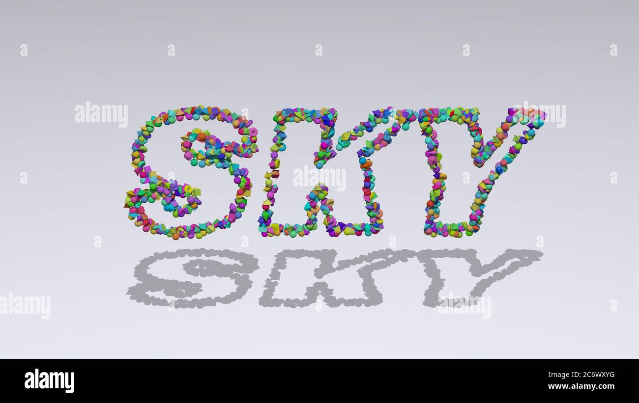 Colorful 3D writting of SKY text with small objects over a white ...