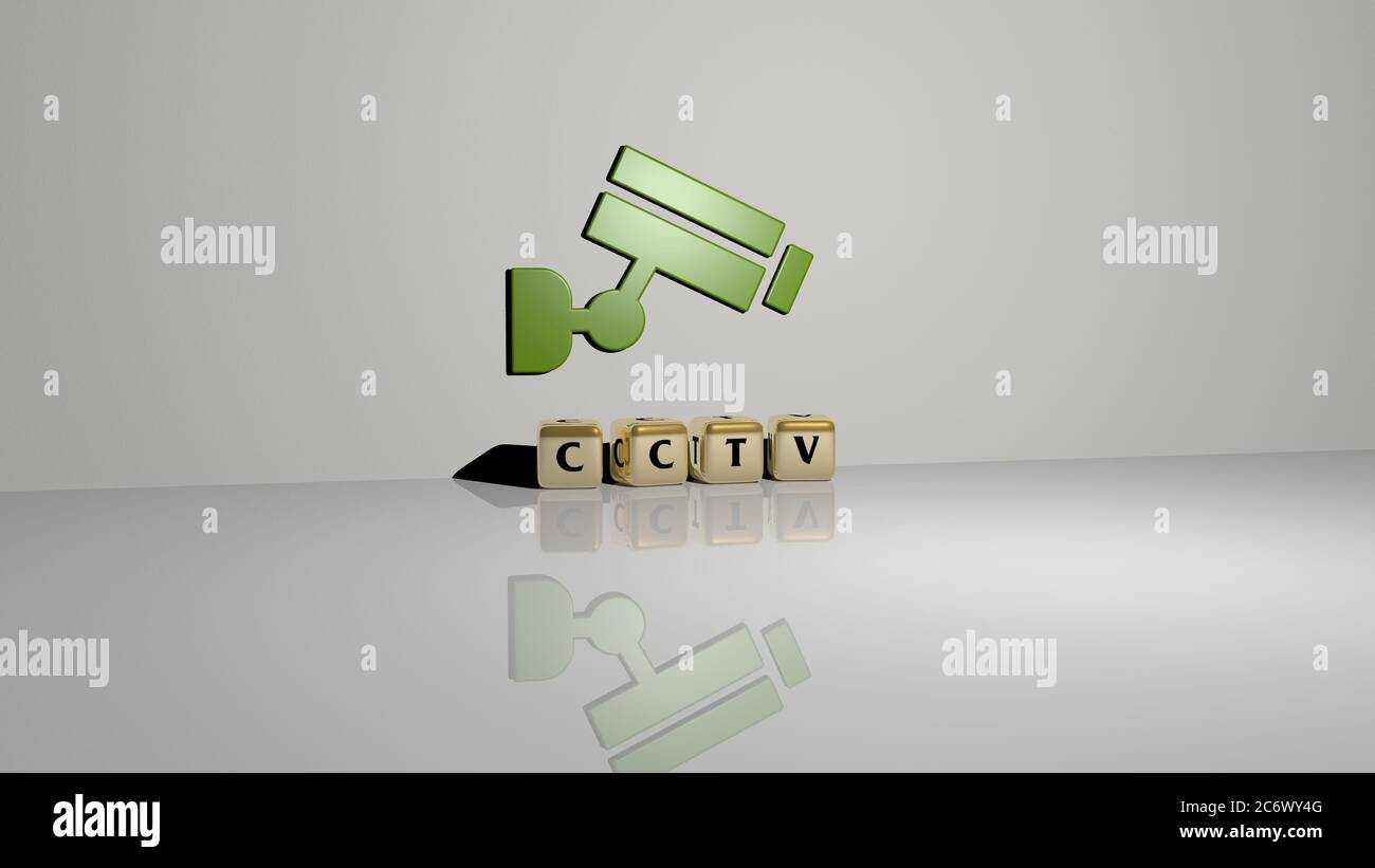 3D representation of CCTV with icon on the wall and text arranged by ...