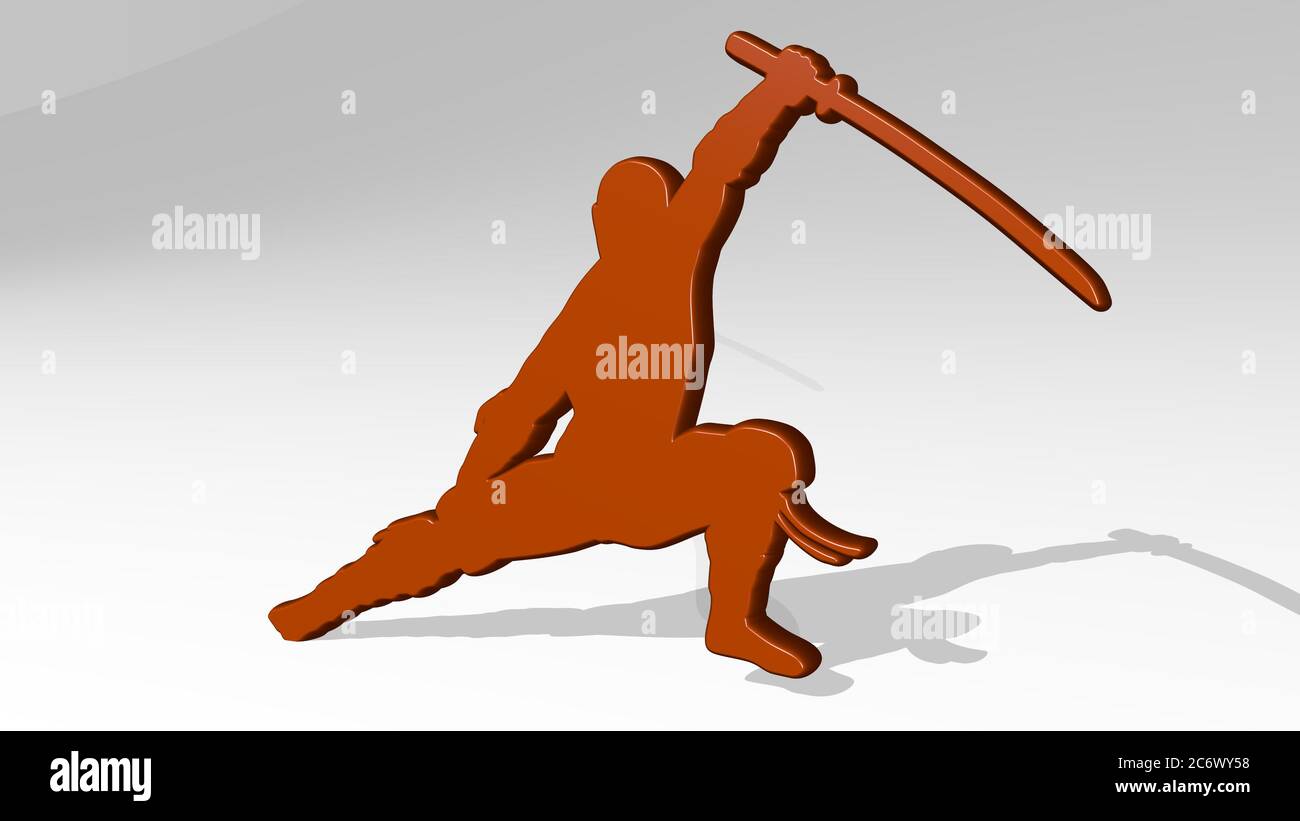 swordman stand with shadow. 3D illustration of metallic sculpture over ...