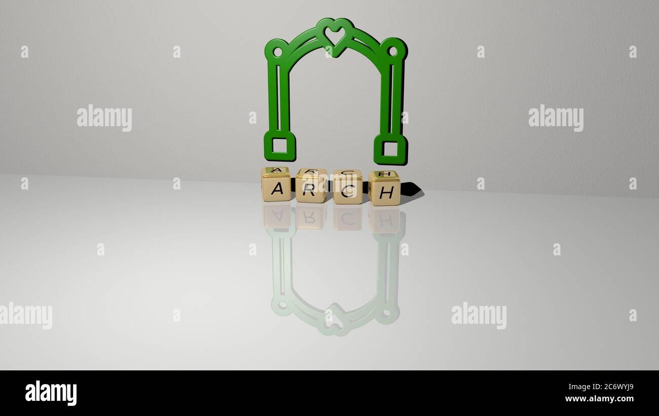 3D graphical image of arch vertically along with text built by metallic ...