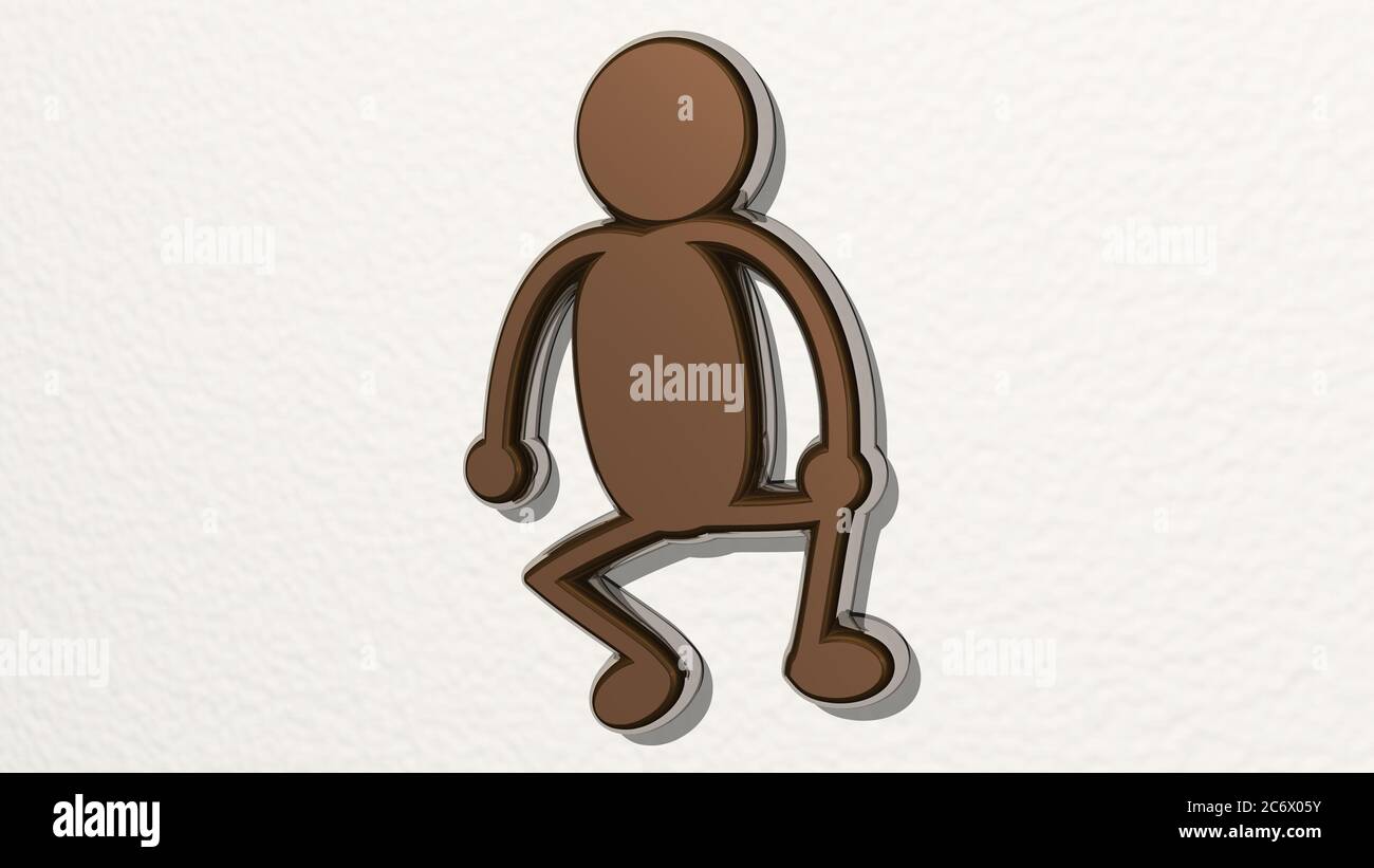 MAN on the wall. 3D illustration of metallic sculpture over a white ...