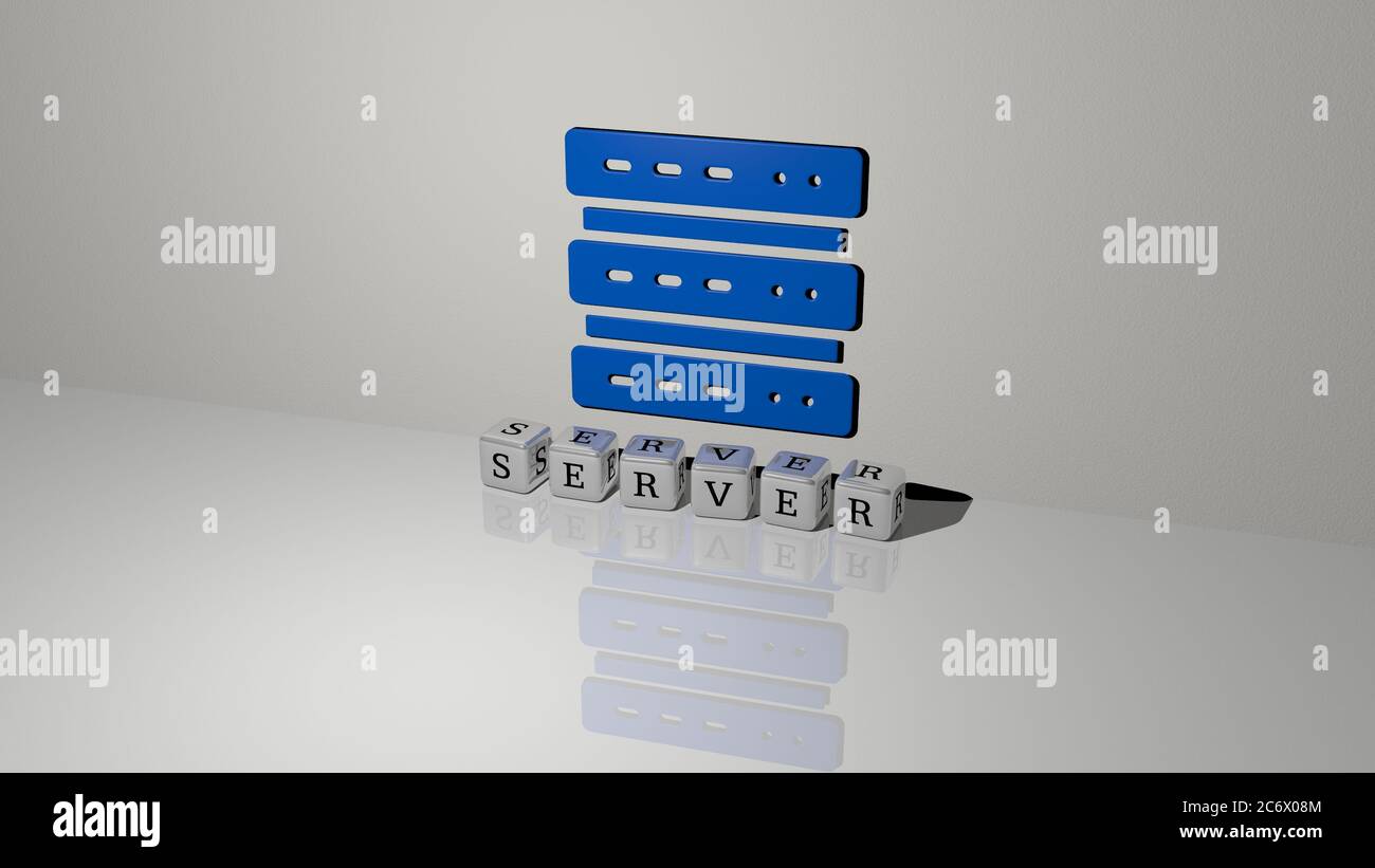 3D representation of server with icon on the wall and text arranged by ...