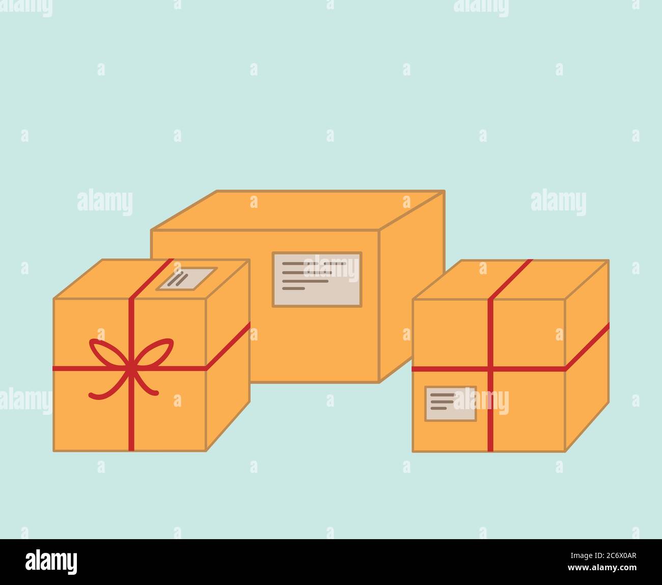 three isolated cardboard box package parcel with label and ribbon ...