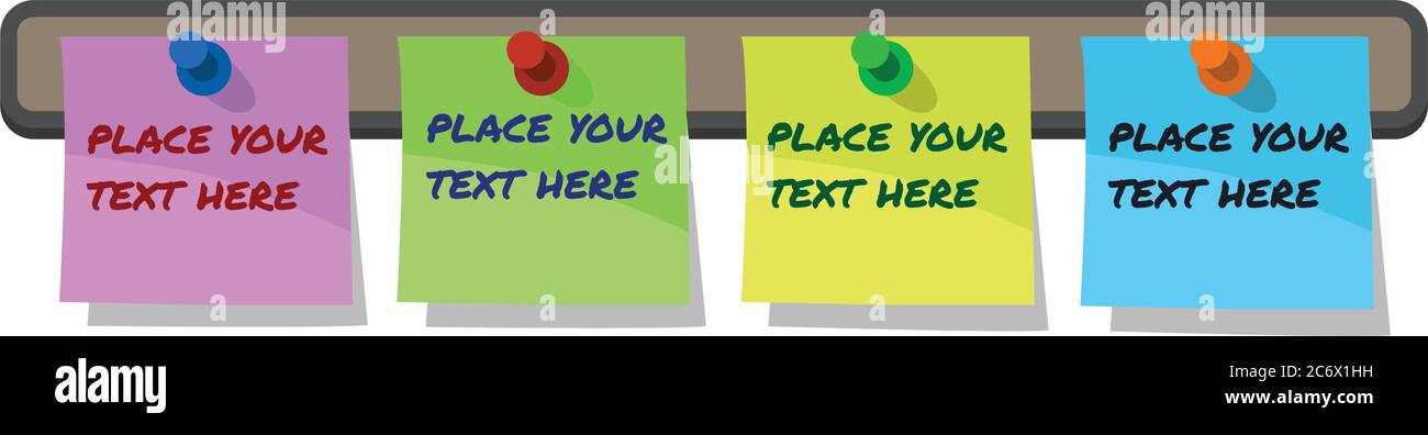 Pinned Paper Notes, Labels on cork board, blue, pink, yellow and green ...