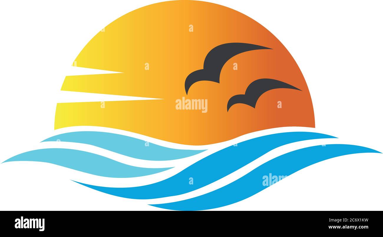 Abstract design of ocean icon or logo with sun, sea waves, sunset and ...