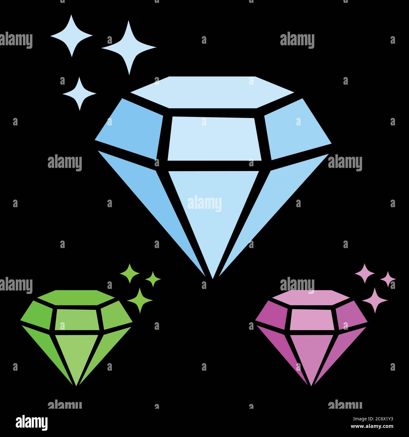 set of jewel gem icon blue diamond, pink ruby and green emerald simple ...