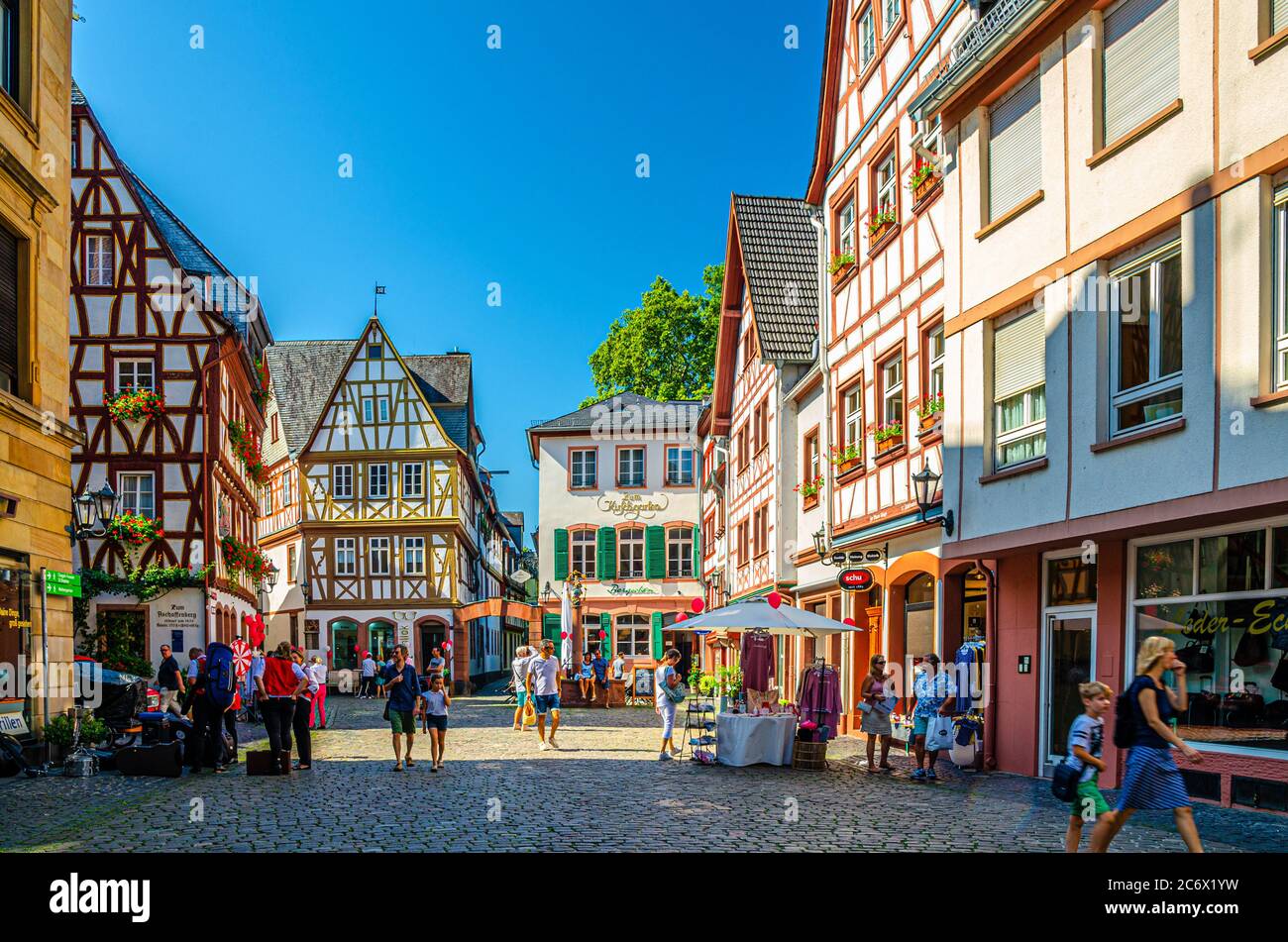 Mainz, Germany, August 24, 2019: Traditional german houses with typical ...