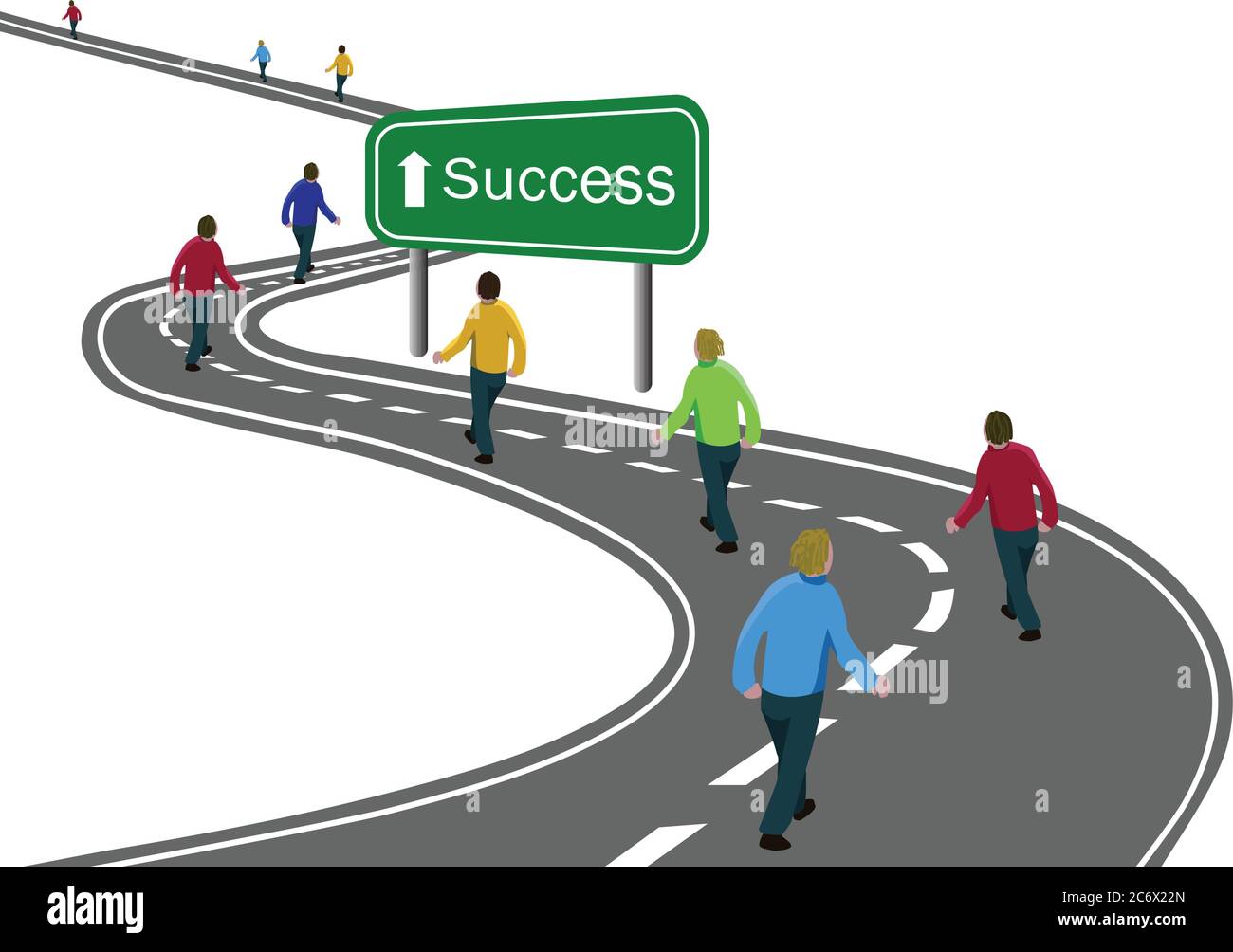 group of men walking on curved asphalt road highway to the green Stock ...