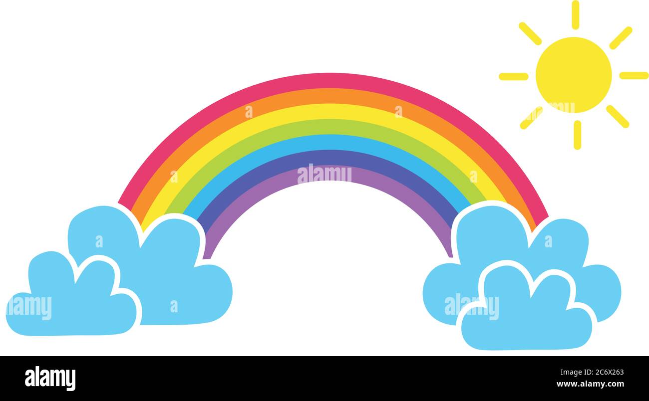 Colorful rainbow icon with cartoon clouds and sun isolated on white ...