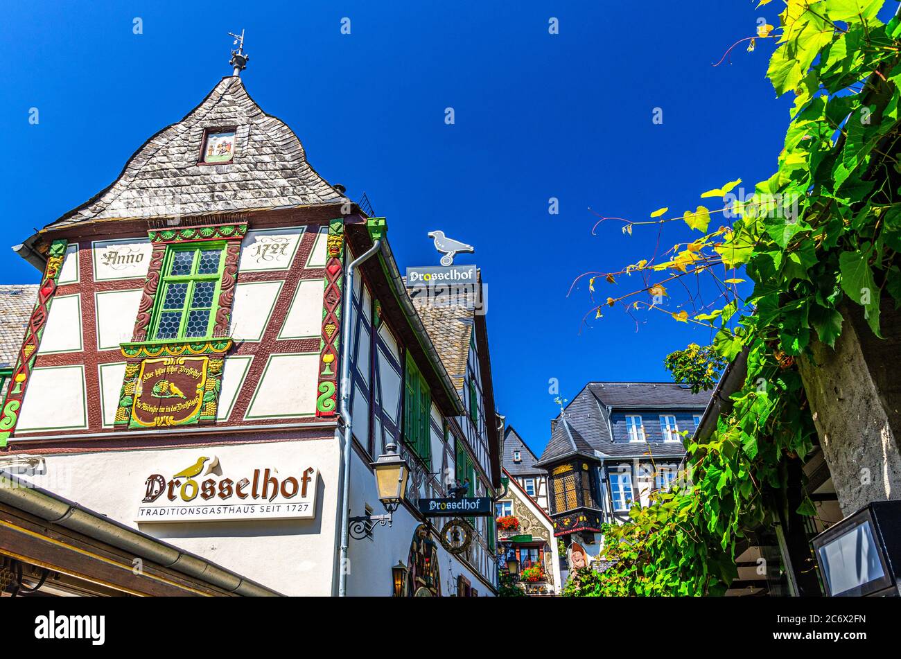 Rudesheim am Rhein, Germany, August 24, 2019: Traditional german houses ...