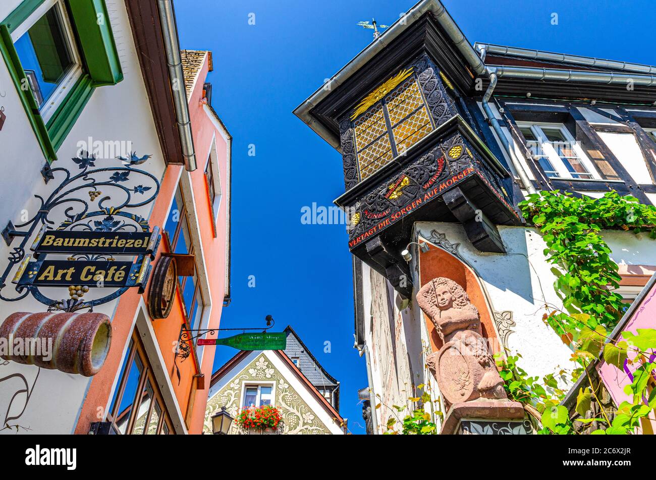Rudesheim am Rhein, Germany, August 24, 2019: Traditional german houses ...