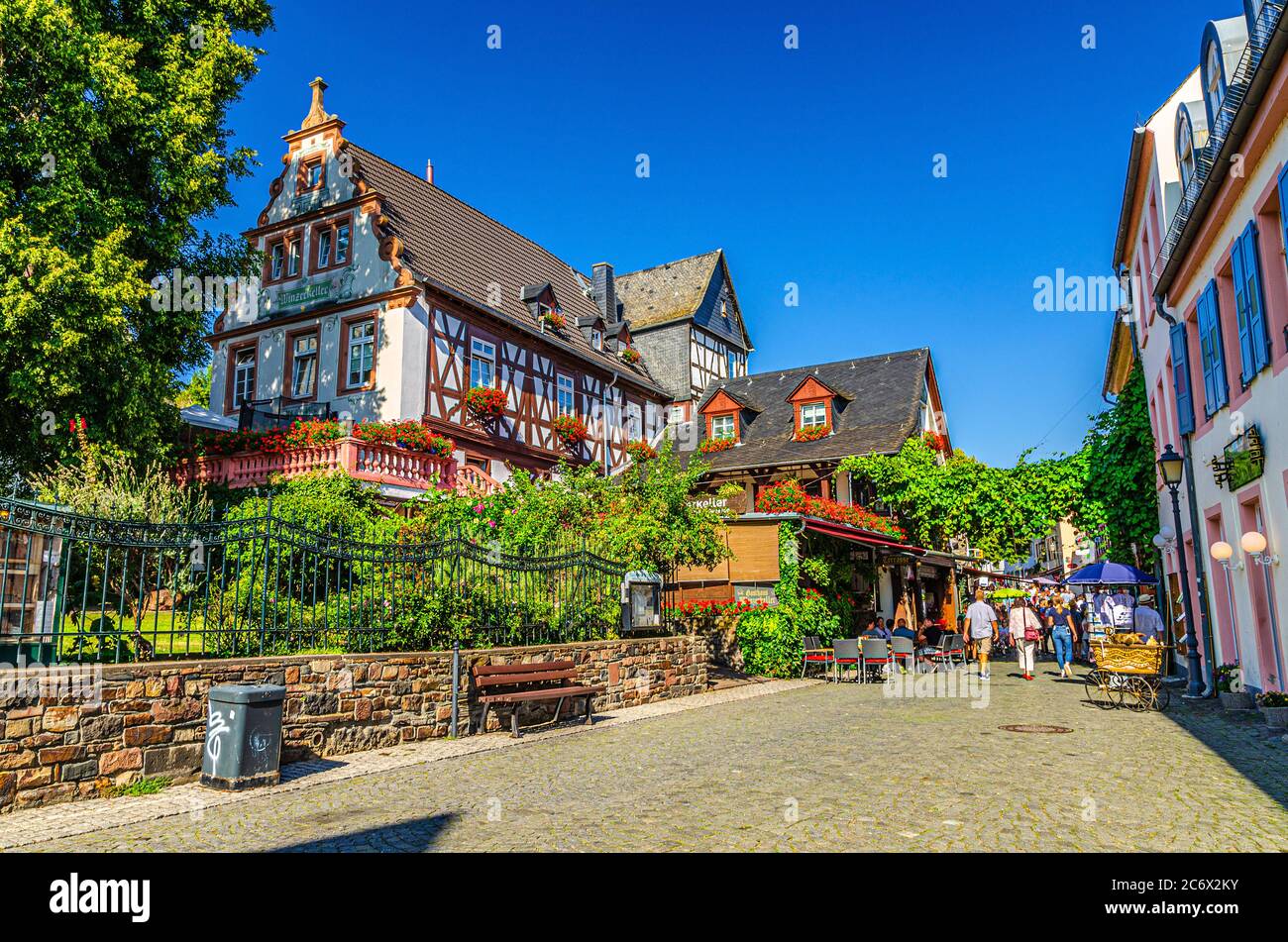 Rudesheim am Rhein, Germany, August 24, 2019: Traditional german houses ...