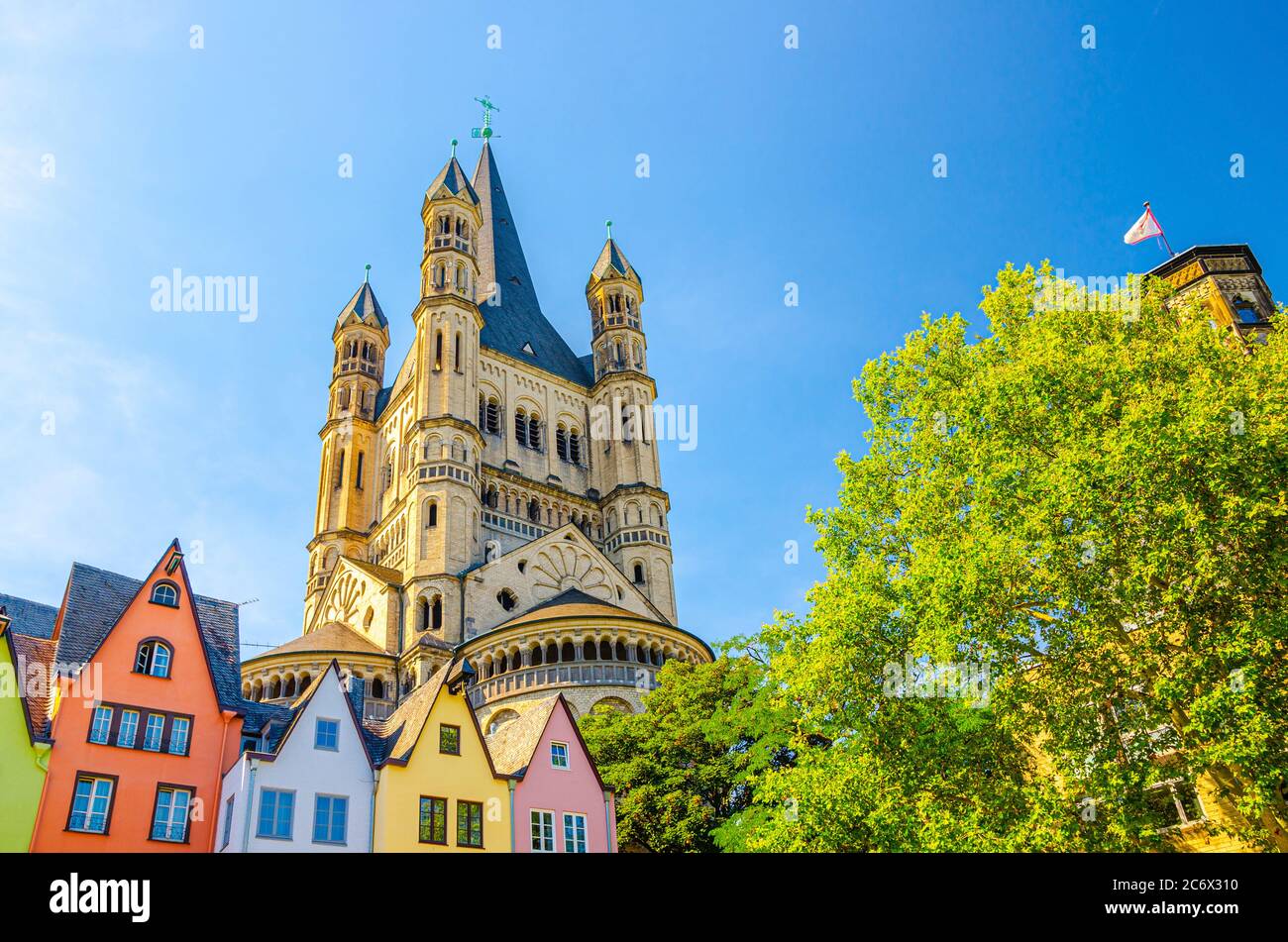 Tower with spire of Great Saint Martin Roman Catholic Church Romanesque ...