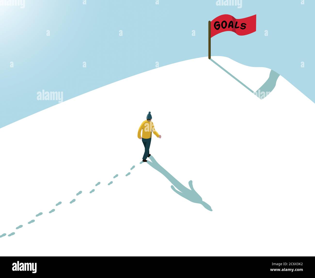 goal concept achieve reach the target one man walking in snow up to ...