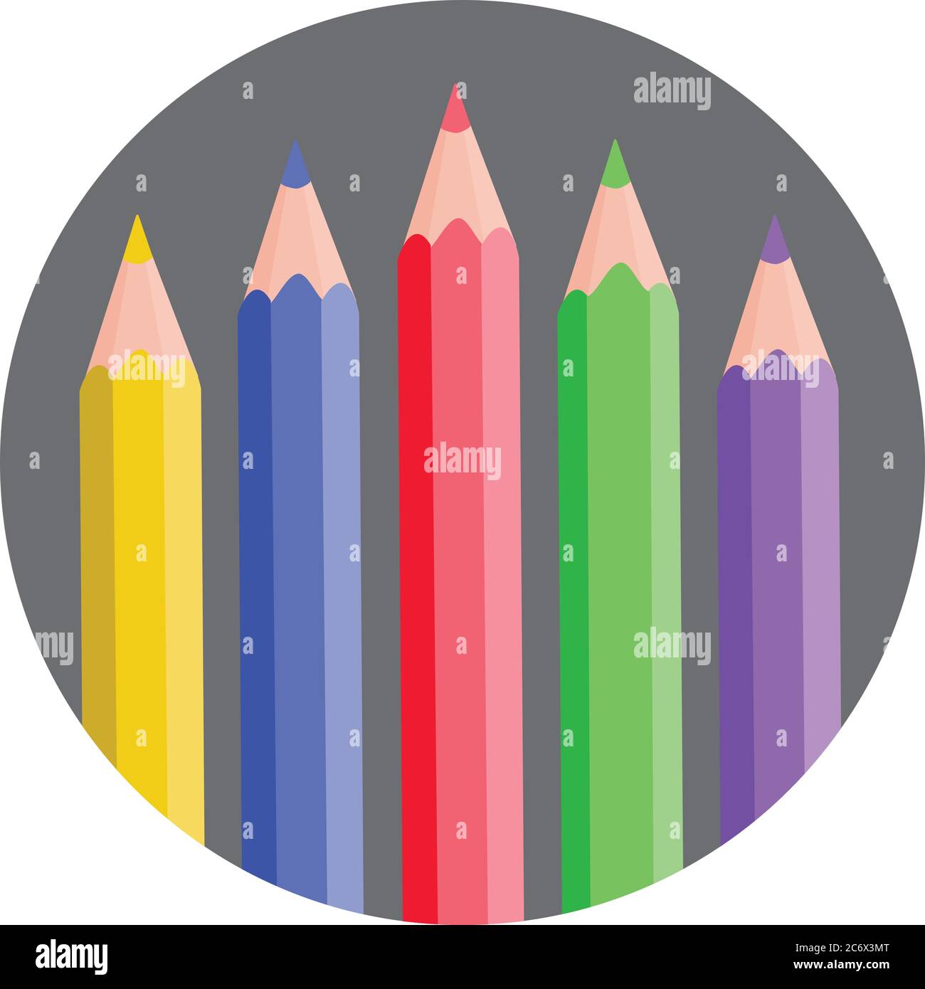 five color pencils rounded gray circle vector icon, drawing, cre Stock ...