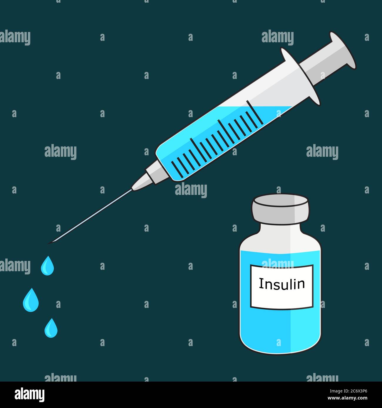 medical syringe with needle liquid drops and insulin vial, simple flat ...
