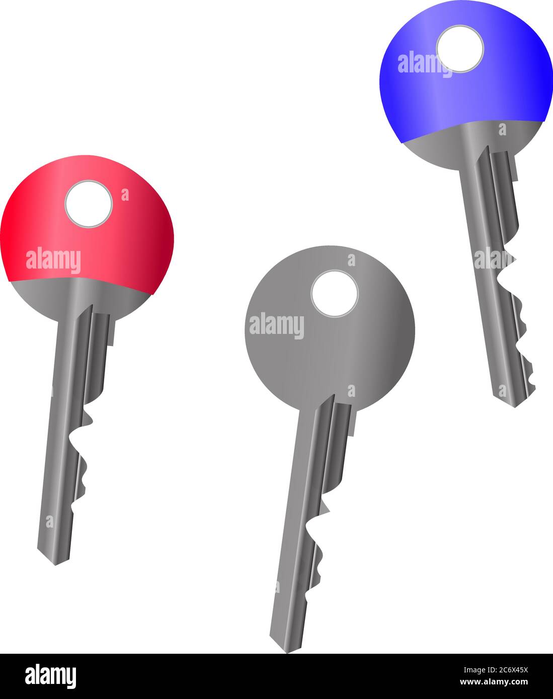 set of metal cylindrical keys red blue and silver vector illustration ...