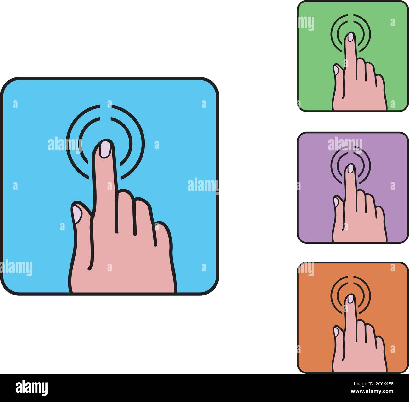 hand finger click icon, colored outline cartoon simple flat vector on blue rounded square, touch ...