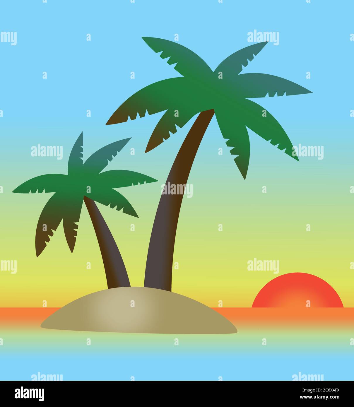 Simple stylised colorful sunset landscape with tropical island, palm ... Simple stylised colorful sunset landscape with tropical island, palm ...