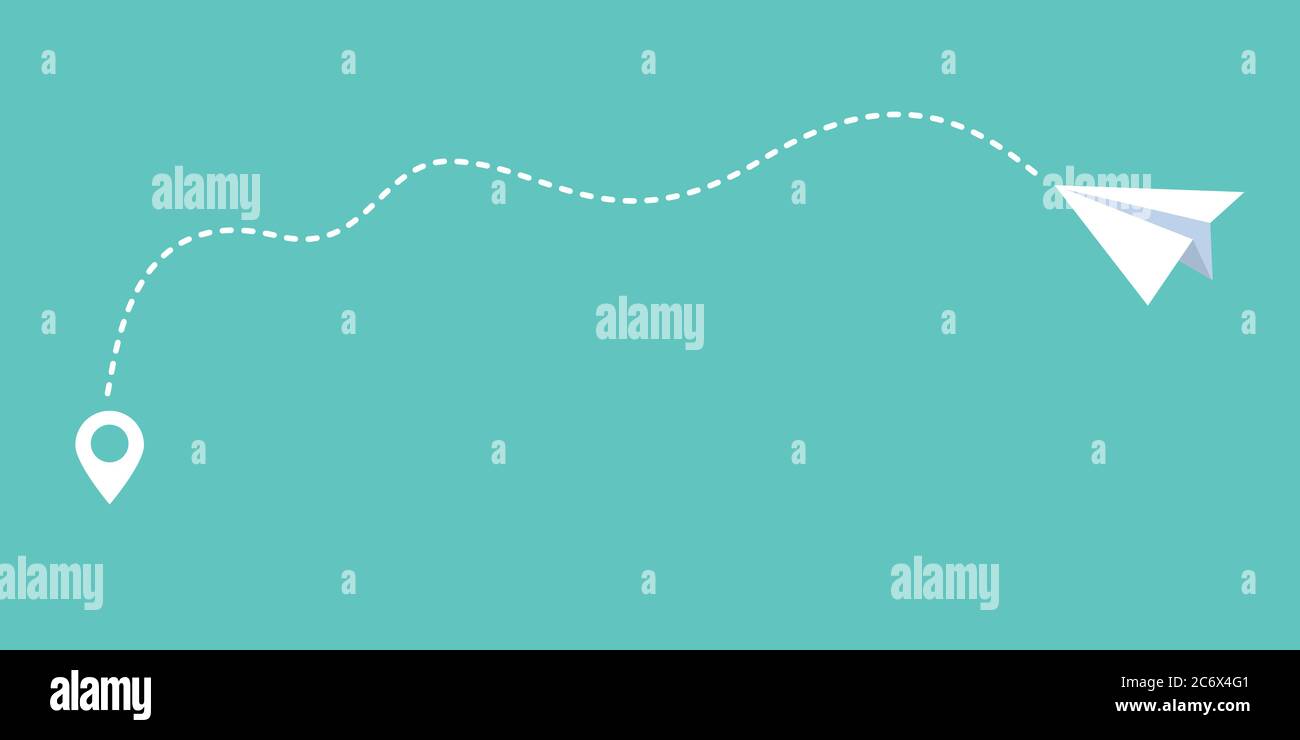 White paper airplane with dotted path trail and GPS fly direction ...